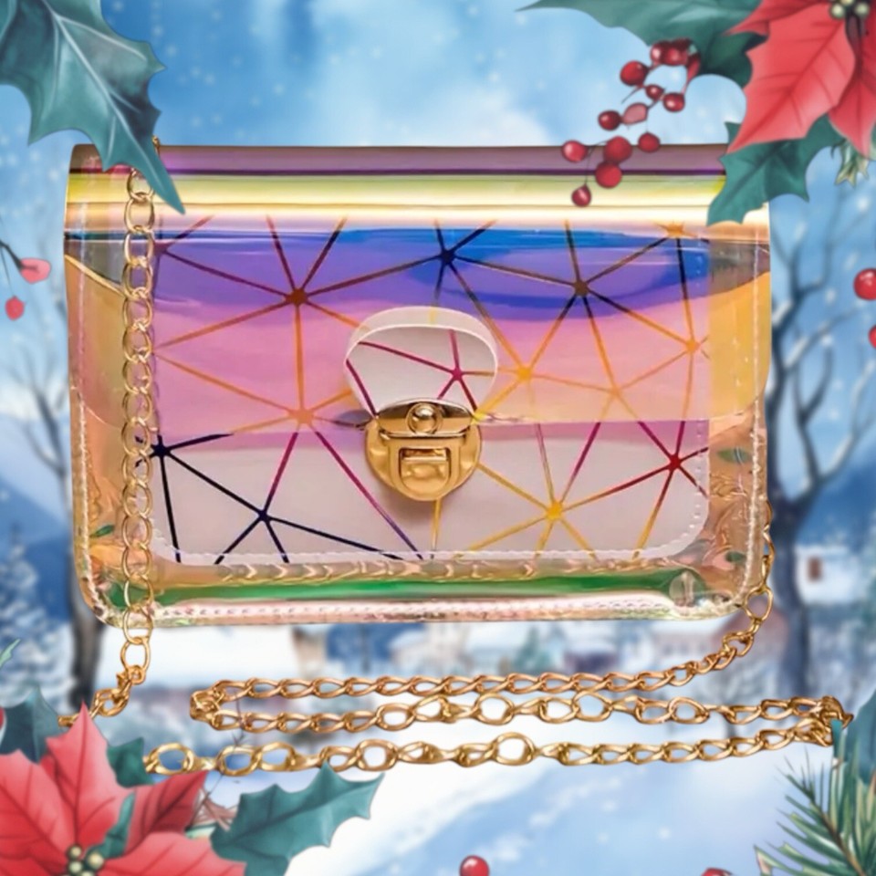 White Transparent Hologram Crossbody Bag With Gold Chain Concert Purse ...