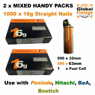 2 x Handy Packs 32mm+63mm 1000 16g STRAIGHT & 1 x Fuel Cell for Paslode ...