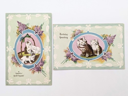 LOT of 2 Vintage Antique Postcards Cats Kitten EMBOSSED Lilac Flower ...