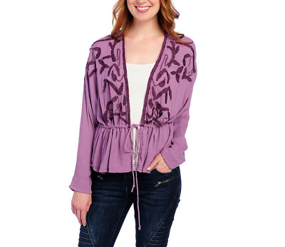 NEW Indigo Thread Co Woven Gauze Embroidered Tie-Waist Jacket in Lilac ...