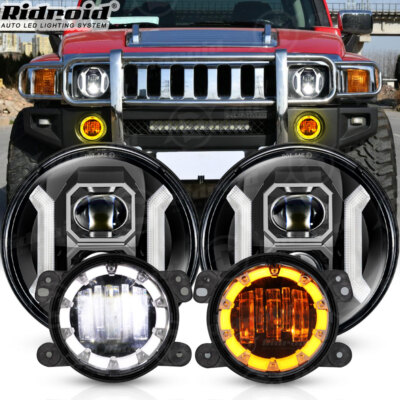 For Hummer H2 H3 H3T 06-10 7" LED Headlights 4" Fog Lights Combo Halo ...