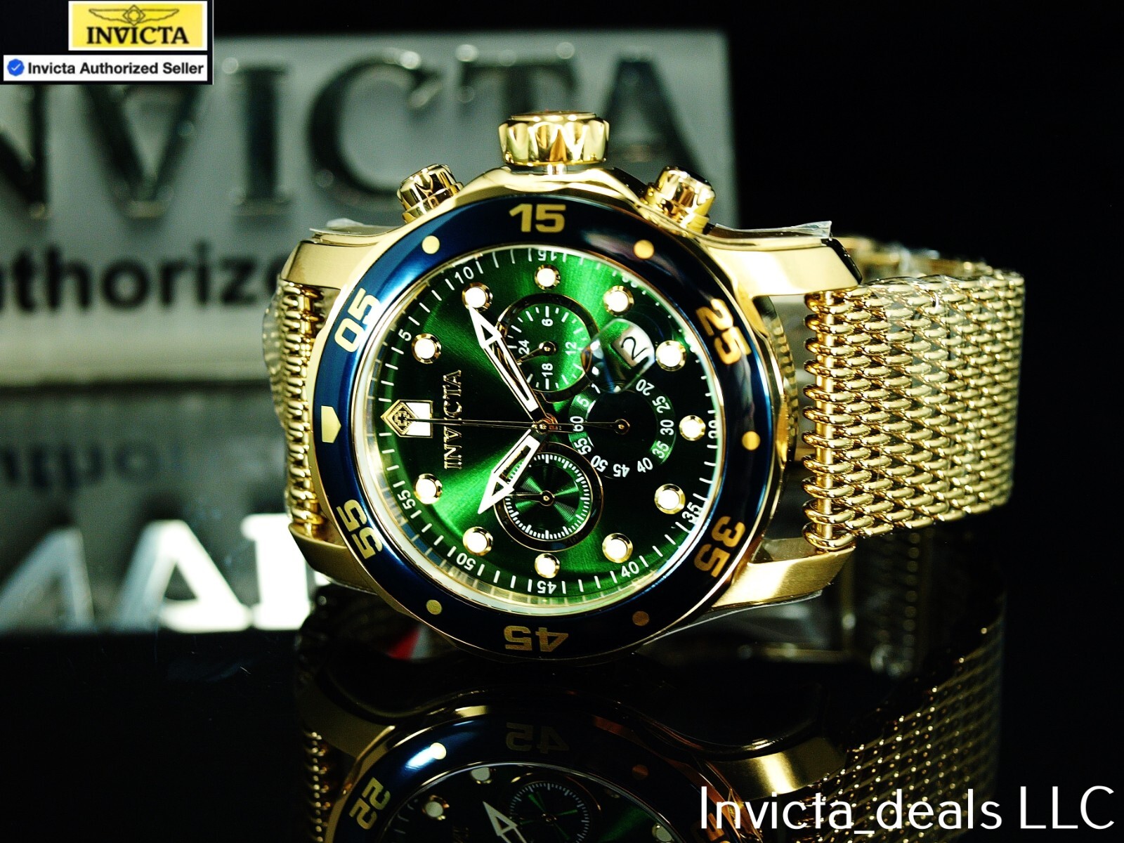 Invicta Men's 48mm PRO DIVER Scuba Chronograph GREEN DIAL Gold Tone ...