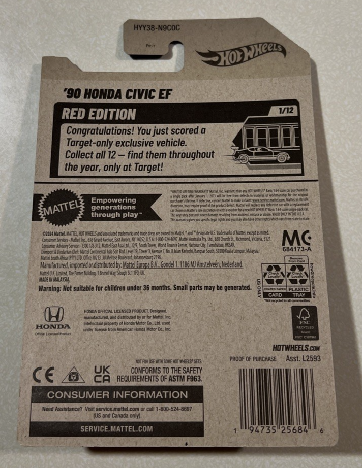 NEW 2025 Hot Wheels Target Red Edition 90 Honda Civic EF | eBay