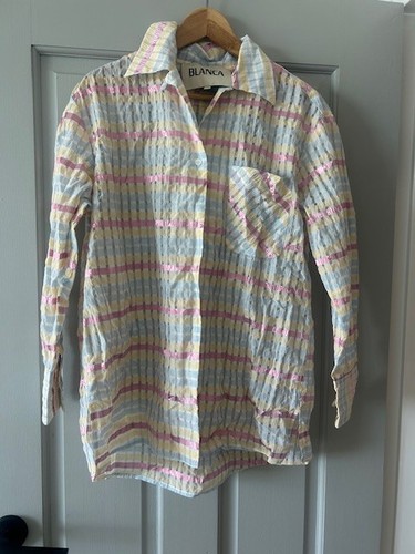 BLANCA Oversized Stripe Satin Polyester button-up Shirt Top. Size XS/S ...