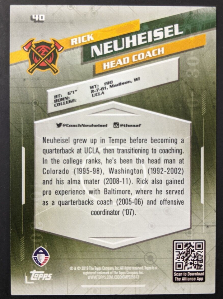 Rick Neuheisel 2019 Topps AAF BLUE #40 Football Card /50 Arizona ...