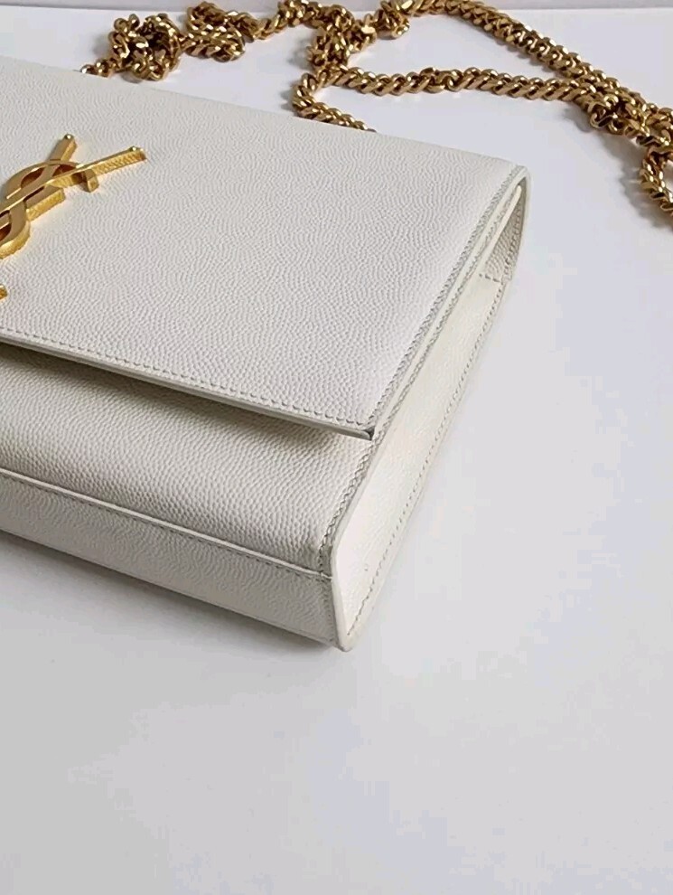 YSL SAINT LAURENT MONOGRAM KATE DOVE WHITE GOLD HARDWARE GRAINED ...