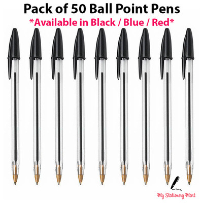 50 X Ball Pens Ball Point Pen Medium Biros BLACK BLUE RED Ballpoint VAT ...