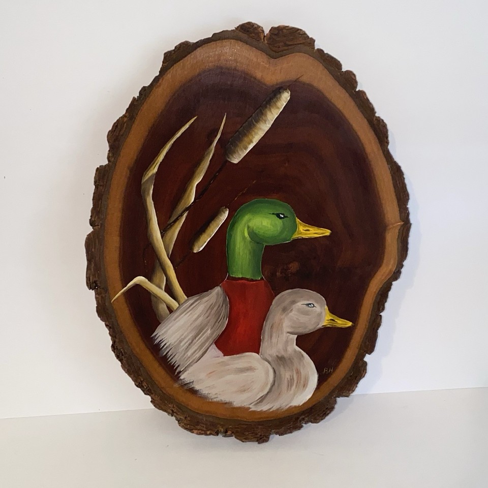 Vintage Hand Painted Mallard Duck Scene on Raw Wood Slice Slab Live ...