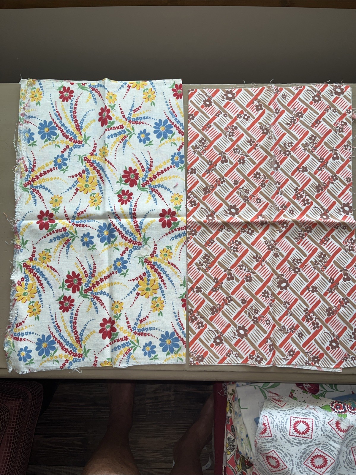 Vintage Lot 2 Feedsack Flour Fabric Red blue Lemon Yellow Coral Brown ...