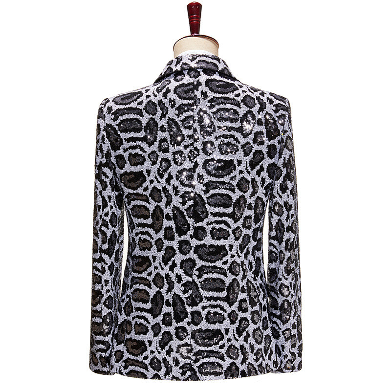Men Leopard Pattern Sequins Tuxedo Jacket Suit Blazer Coat Wedding ...