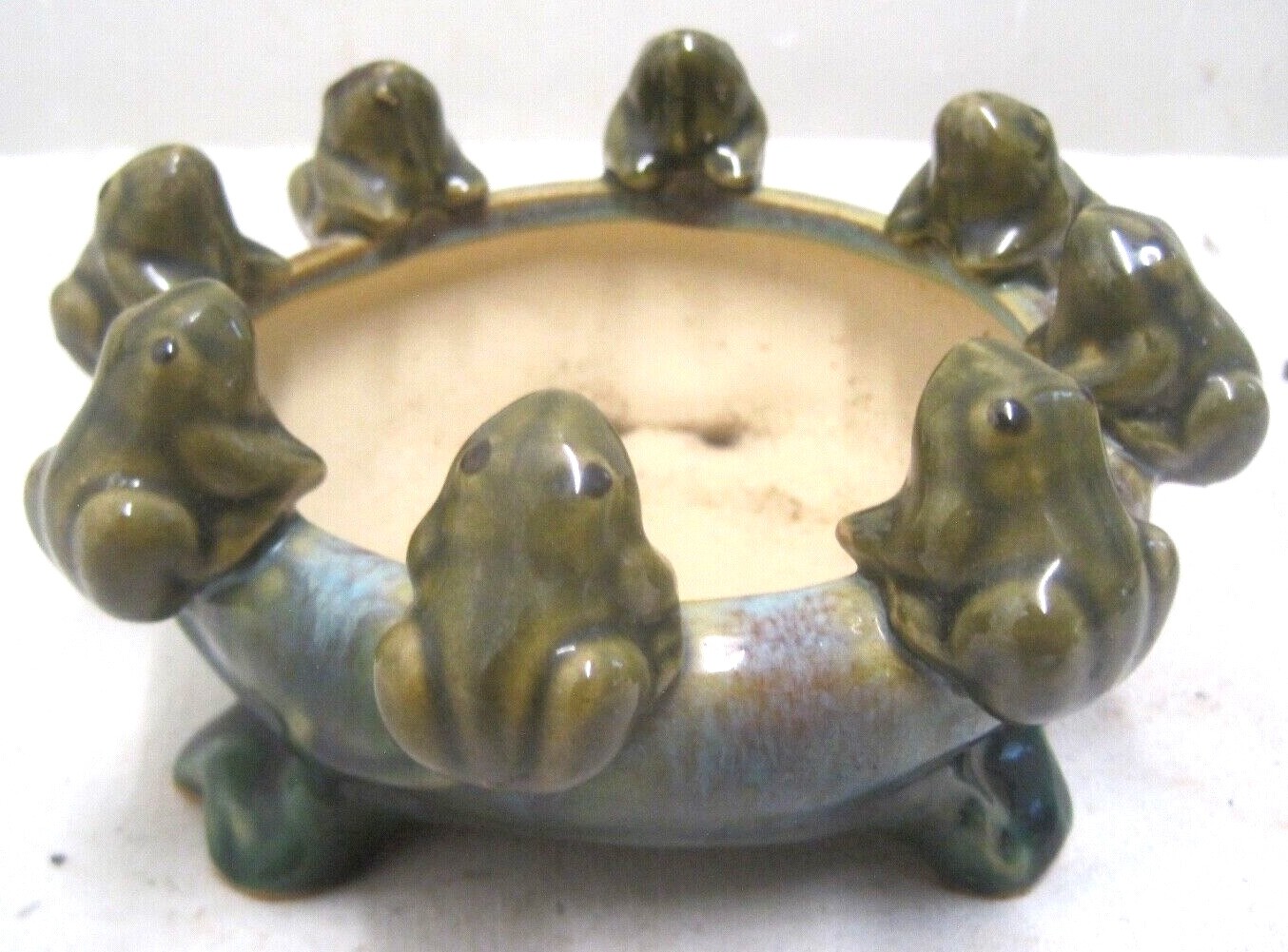 Vintage Glazed Art Pottery Frogs Bowl Planter Majolica Style 8 frogs | eBay