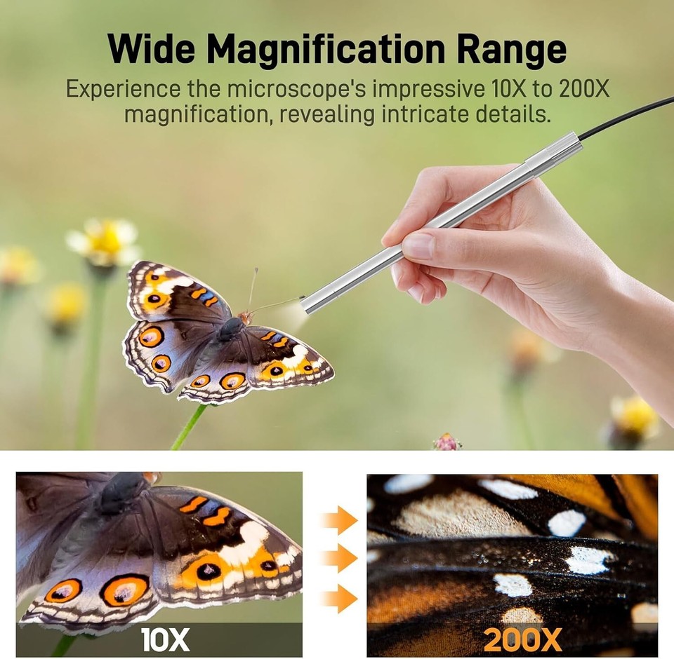 USB/USB-C Digital Microscope 10X to 200X Magnification Camera with 8 ...