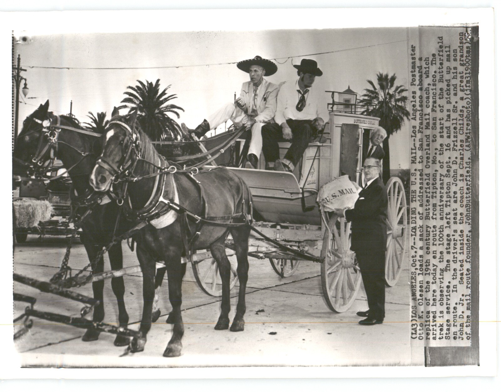 HORSE DRAWN Mail Butterfield Mail Coach LOS ANGELES Vintage 1958 Press ...