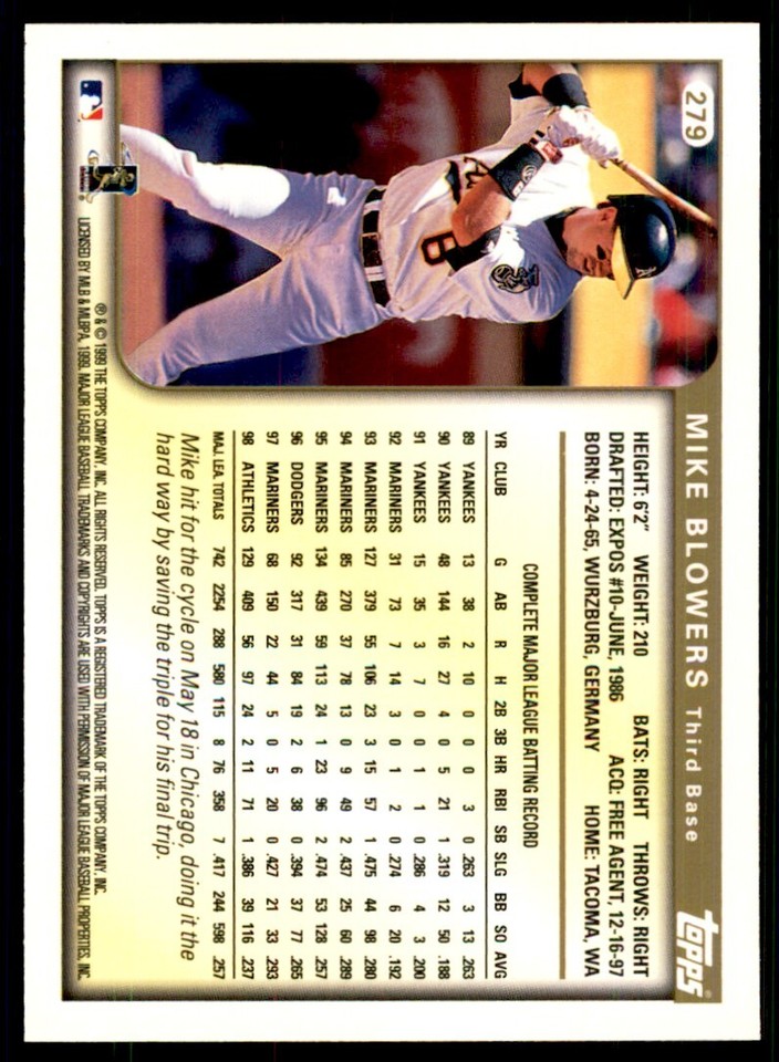 1999 Topps Baseball Card Mike Blowers Oakland Athletics #279 | eBay