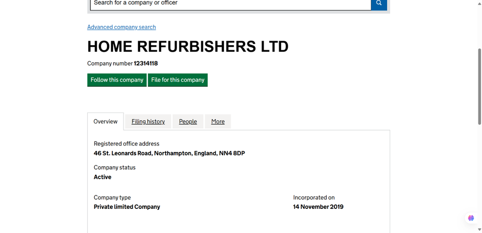 November 2019 Reg.UK Company for Sale HOME REFURBISHERS LTD Clean, VAT ...