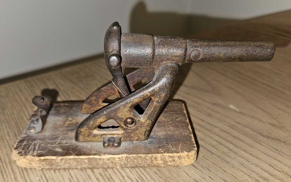 Antique Cast Iron Toy Cap Cannon, Working Condition, Mounted to Wood ...