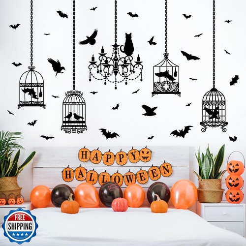 Halloween Bird Cage Wall Stickers Black Bat Raven Wall Sticker Crow ...