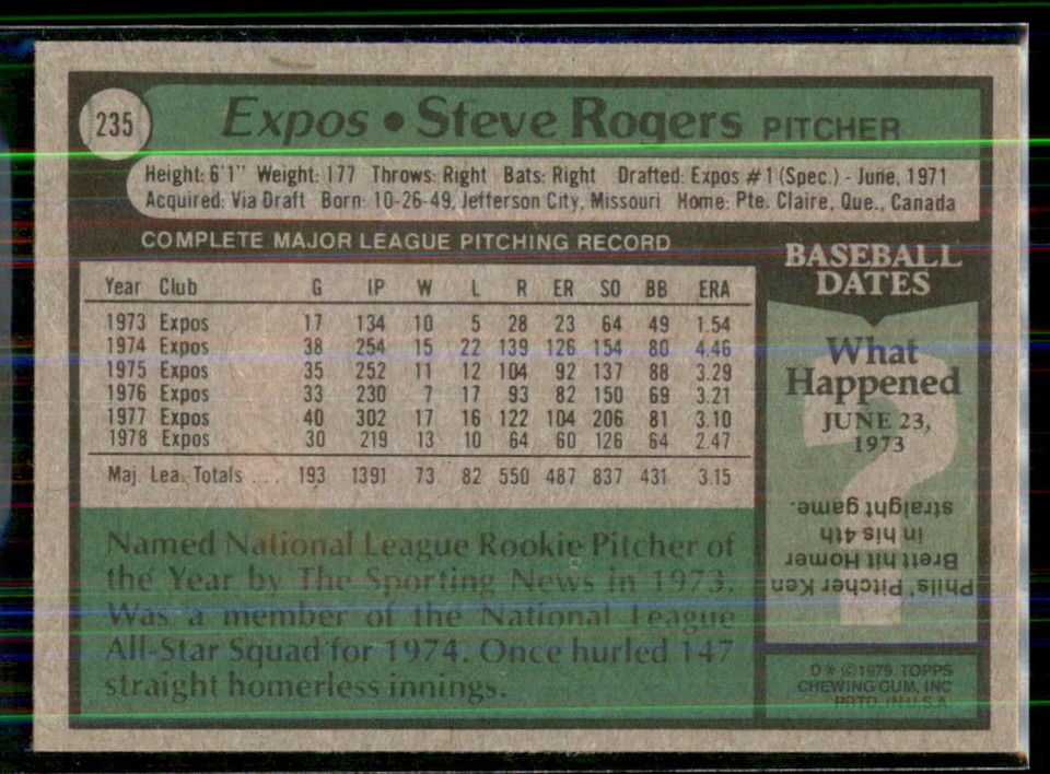 1979 Topps Steve Rogers #235 Montreal Expos | eBay