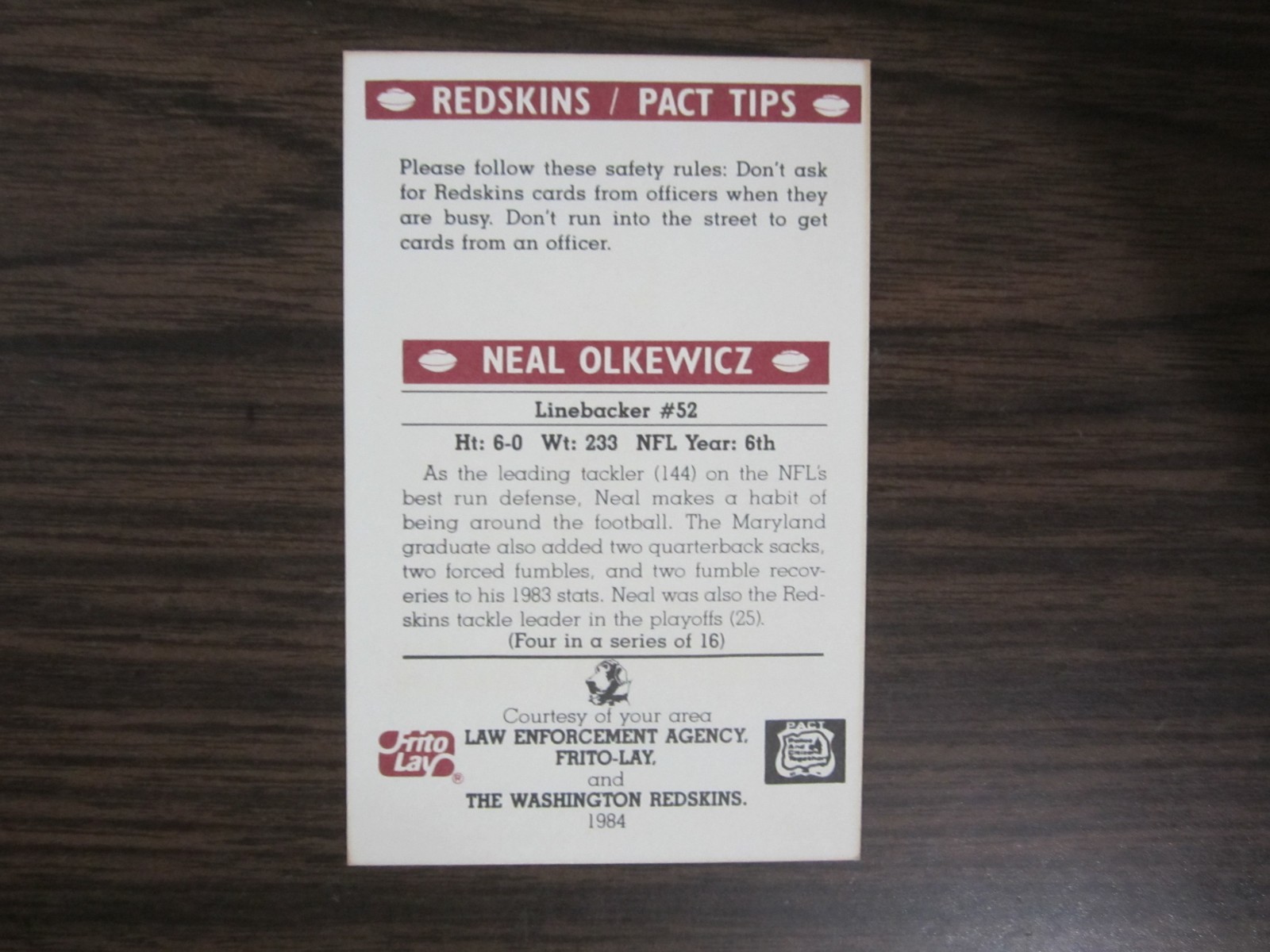 1984 Neal Olkewicz #4 Washington Redskins Police Card | eBay