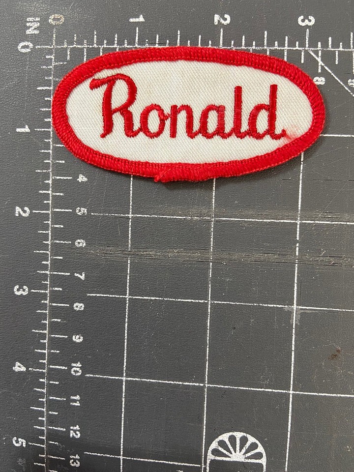 Vintage Ronald Name Tag Patch Badge Script Cursive White Red Oil & Gas ...
