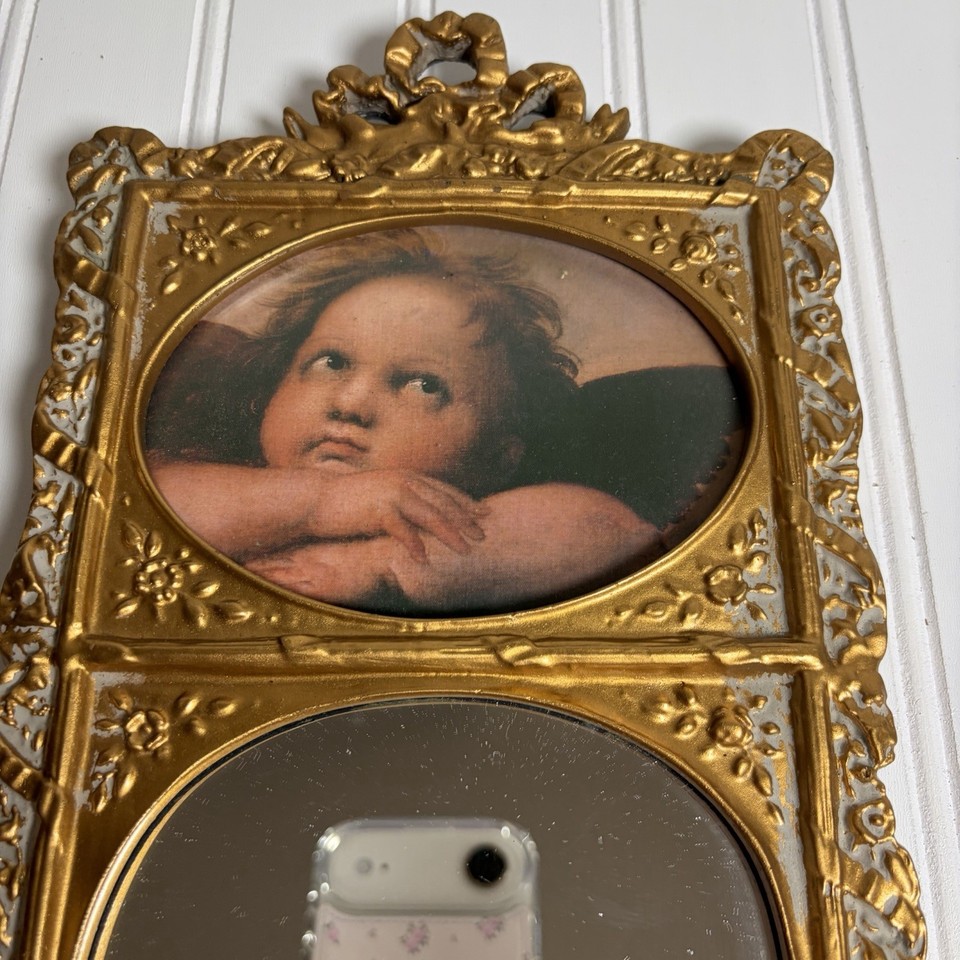 Vintage Gold Ornate Mirror Picture Frame Bow Detail Cherub Angel | eBay