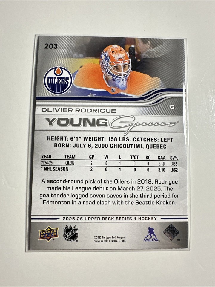 2025-26 UD Series 1 Young Guns Olivier Rodrigue Edmonton Oilers RC ...