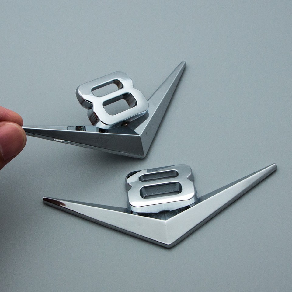 2x Silver Chrome V8 Metal Side Wing Emblem Sport Turbo Engine Rear ...