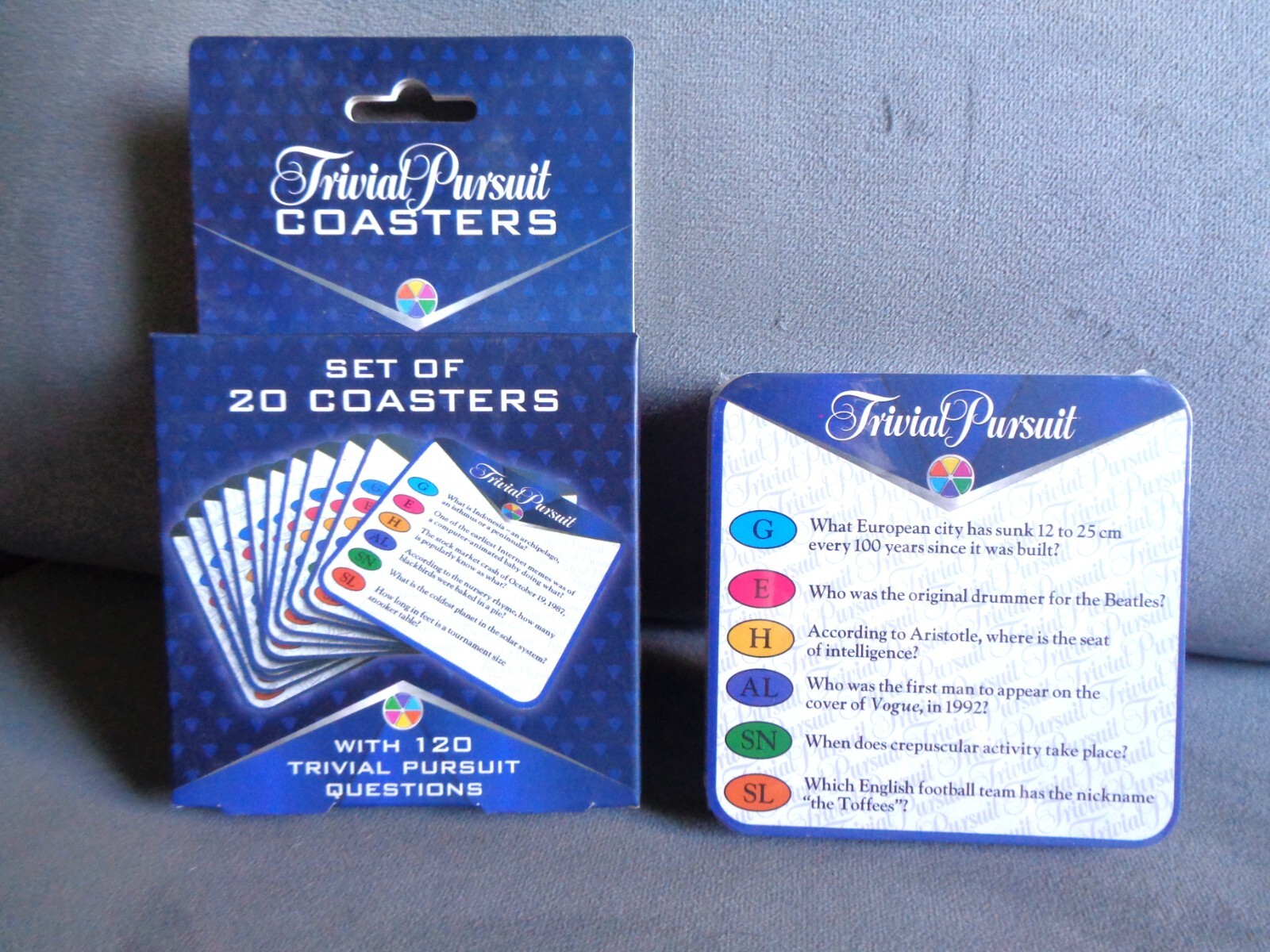 SET OF 20 TRIVIAL PURSUIT COASTERS WITH 120 TRIVIAL PURSUIT QUESTIONS ...