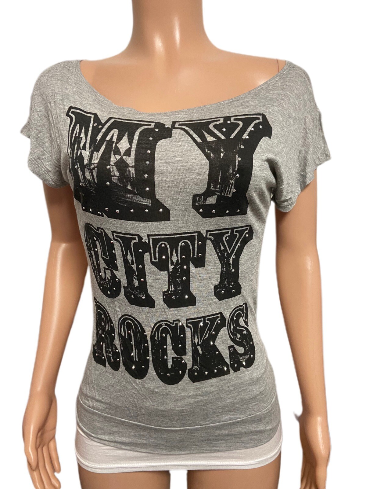 Y2K Grey "My City Rocks" Rhinestone Grunge Punk Top Off Shoulders Slub ...