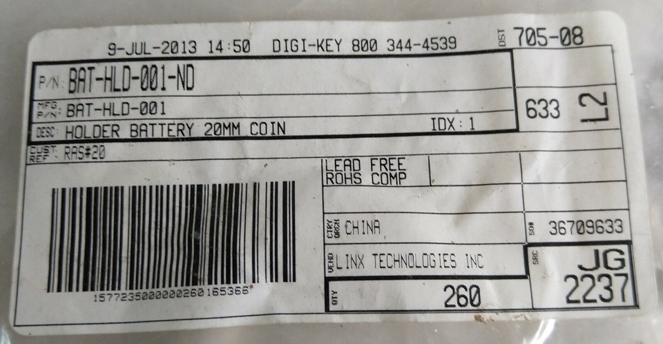 Linx BAT-HLD-001 Battery Retainer Coin, 20.0mm 1 Cell SMD (SMT) Tab ...