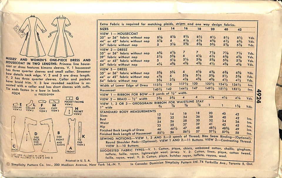 Vintage 1950s Housedress Simplicity Sewing Pattern 4924 Bust 36 UC FF ...