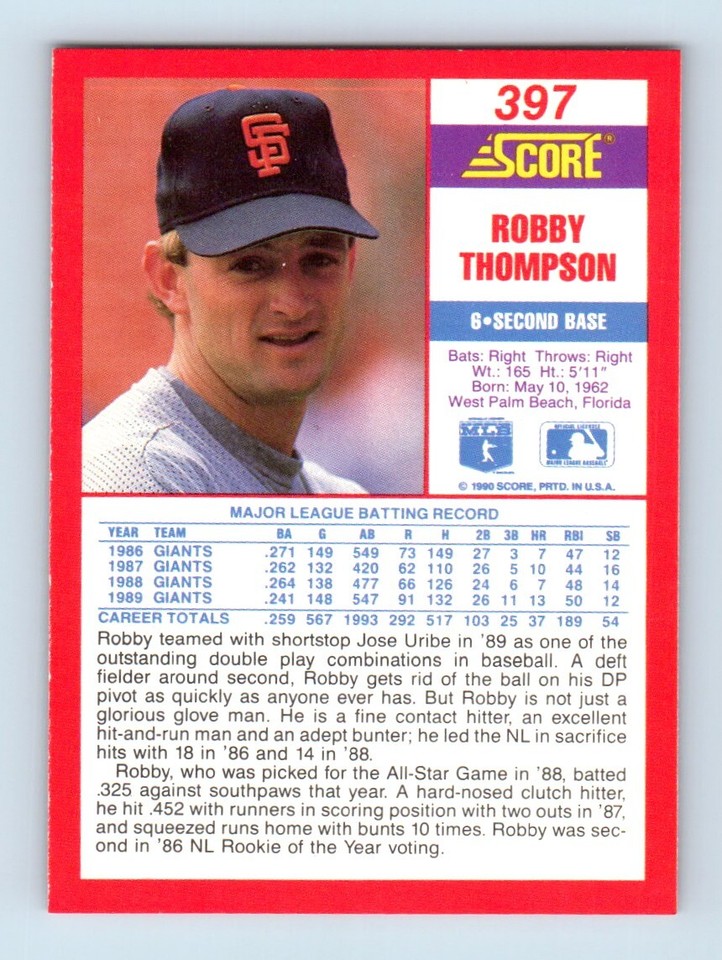 1990 Score Robby Thompson San Francisco Giants #397 | eBay