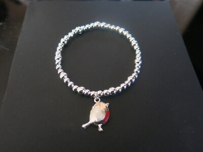 chunky silver plated beaded red enamel robin bracelet handmade + gift ...