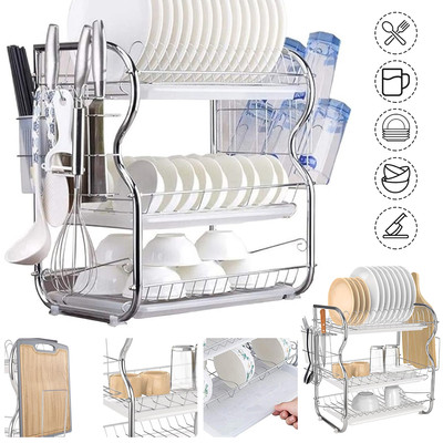 3 Tier Kitchen Sink Dish Drainer Rack with Drip Tray Cutlery Holder ...