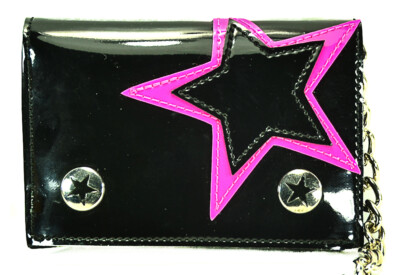 Star Patched Patent Trifold wallet with chain Punk Rock Goth ...