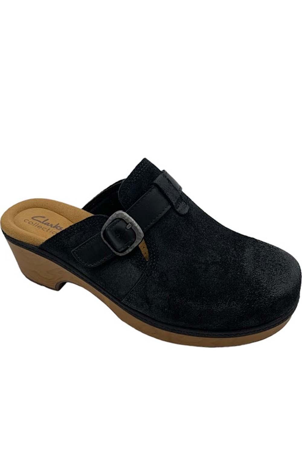 Clarks Collection Leather Heeled Clog Paizlee Nora Black Suede | eBay