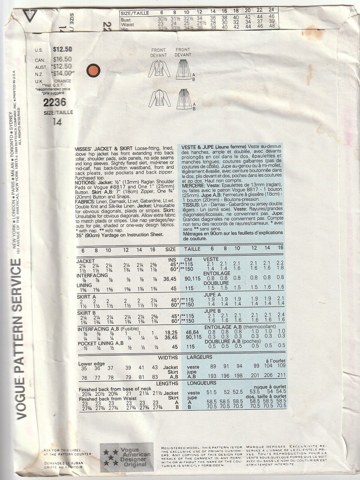 FF Vogue Career 2236 Portfolio Ellis Jackets Skirts Sewing Pattern Size ...
