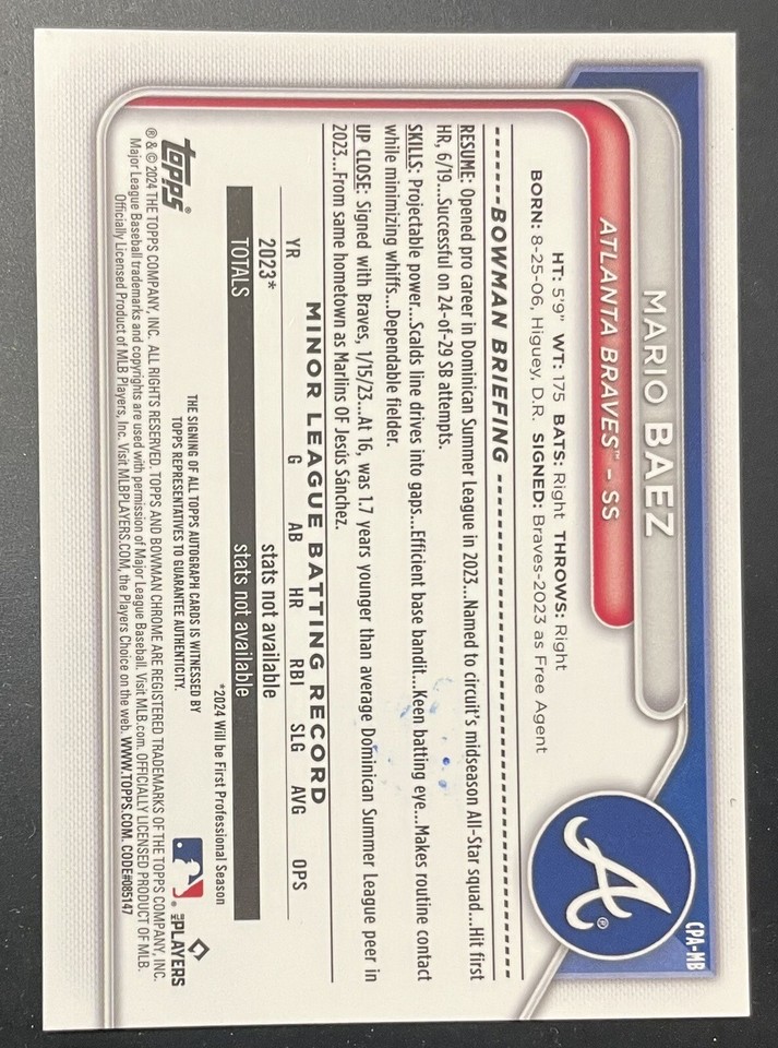 2024 BOWMAN CHROME Mario Baez Blue Refractor /150 AUTO 1st Color Match ...