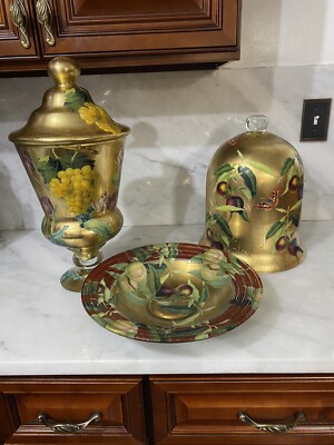 Set Scott Potter Plums and Grapes Gold Rimmed Decoupage Urn, Cloche And ...