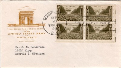 First day cover, Scott #934 BL4, Army, Mellone 22, Farnam cachet, 1945 ...