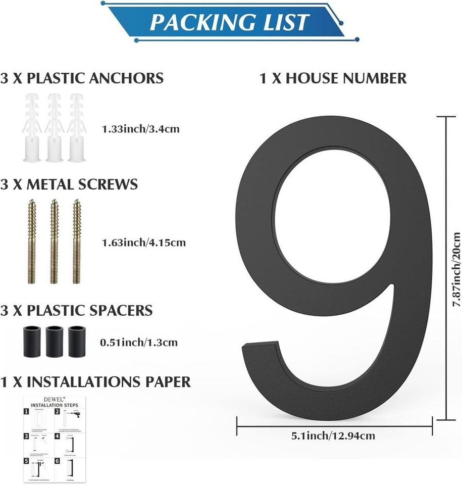 8 inch Floating Large House Numbers for Outside, Black Modern (House ...