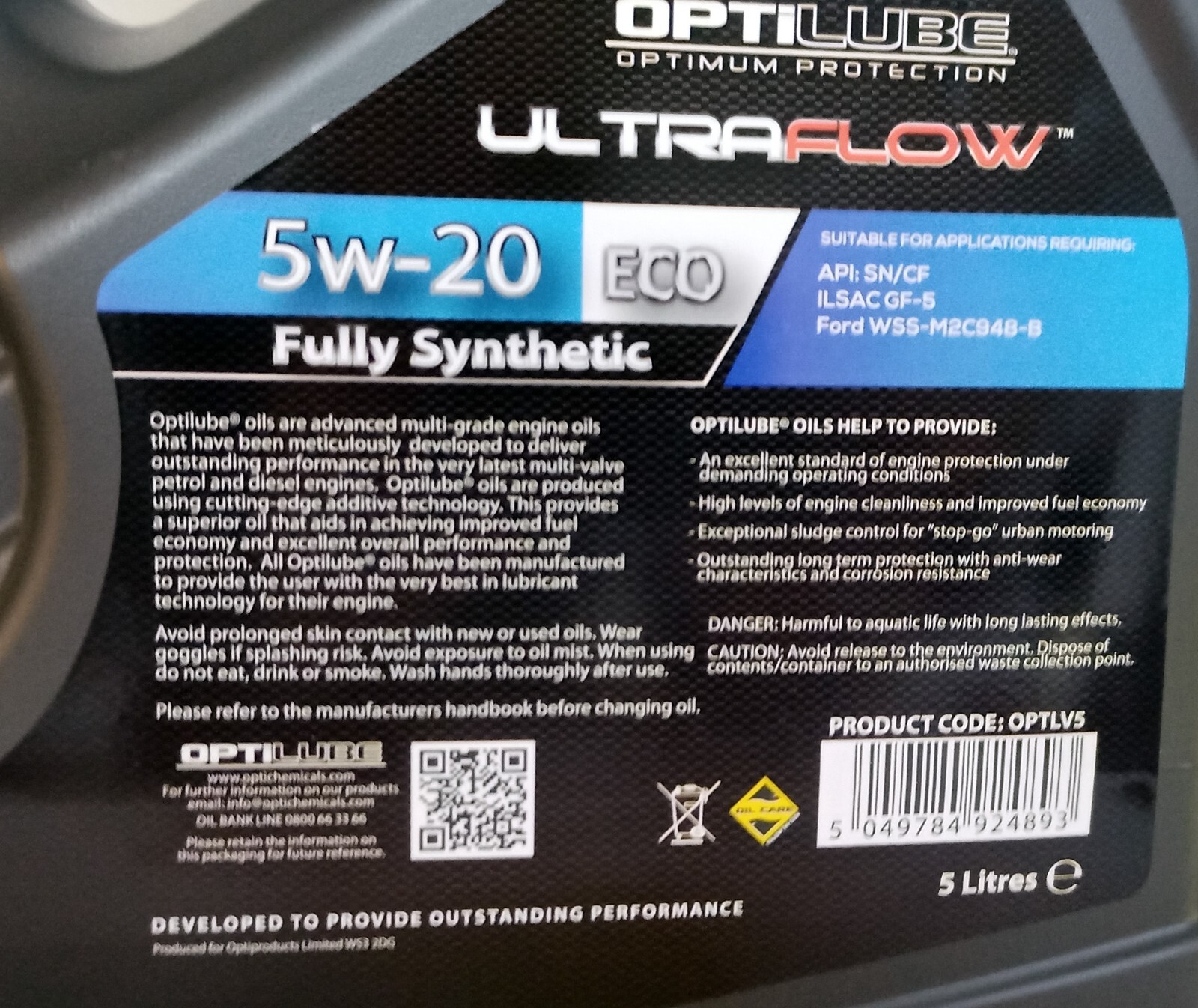 Engine Oil 5W20 Eco Fully Synthetic SN/CF GF-5 Car Van Motor 5L 5 Litre ...