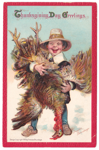 Thanksgiving Day Greetings Pilgrim Boy Holds Dead Turkey Brundage ...