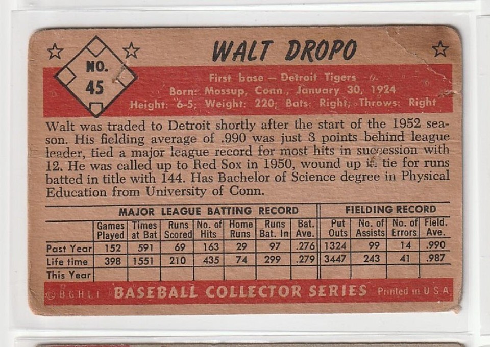 Walt Dropo 1953 Bowman Color #45 Filler Tigers - Aliz | eBay