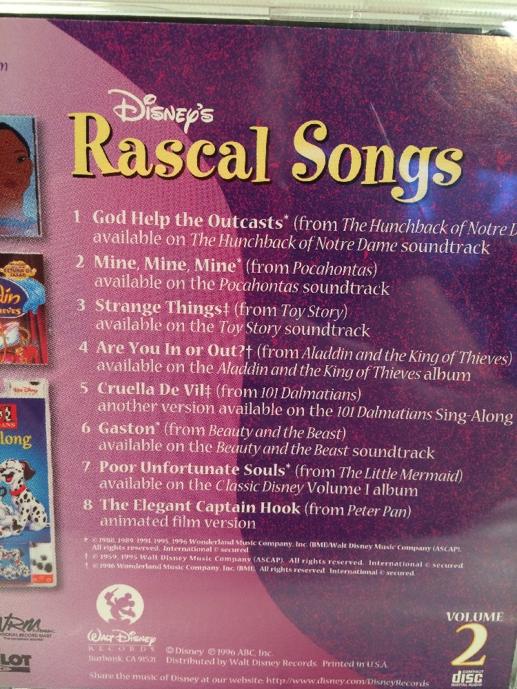 Walt Disney's Rascal Heroes Song CD Volume 2 RARE 1996...(PW) | eBay