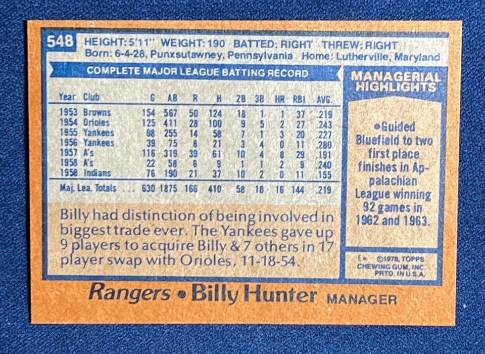 1978 TOPPS #548 BILLY HUNTER (TEXAS RANGERS) BASEBALL CARD | eBay