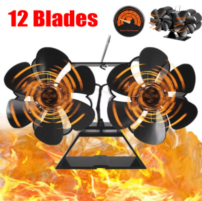 Wood Stove Fan Heat Powered Dual Motors 12 Blades Non-Electric with ...
