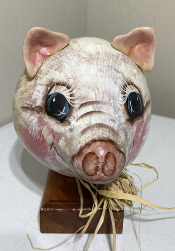 Vtg Hand Painted Pig Gourd On Wood Base Folk Art Signed Nancy Goodman ...