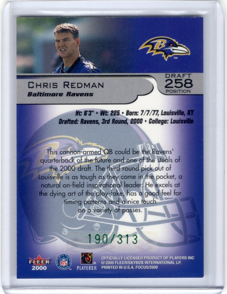 CHRIS REDMAN 2000 Fleer Focus DRAFT POSITION ROOKIE CARD #190/313 ...