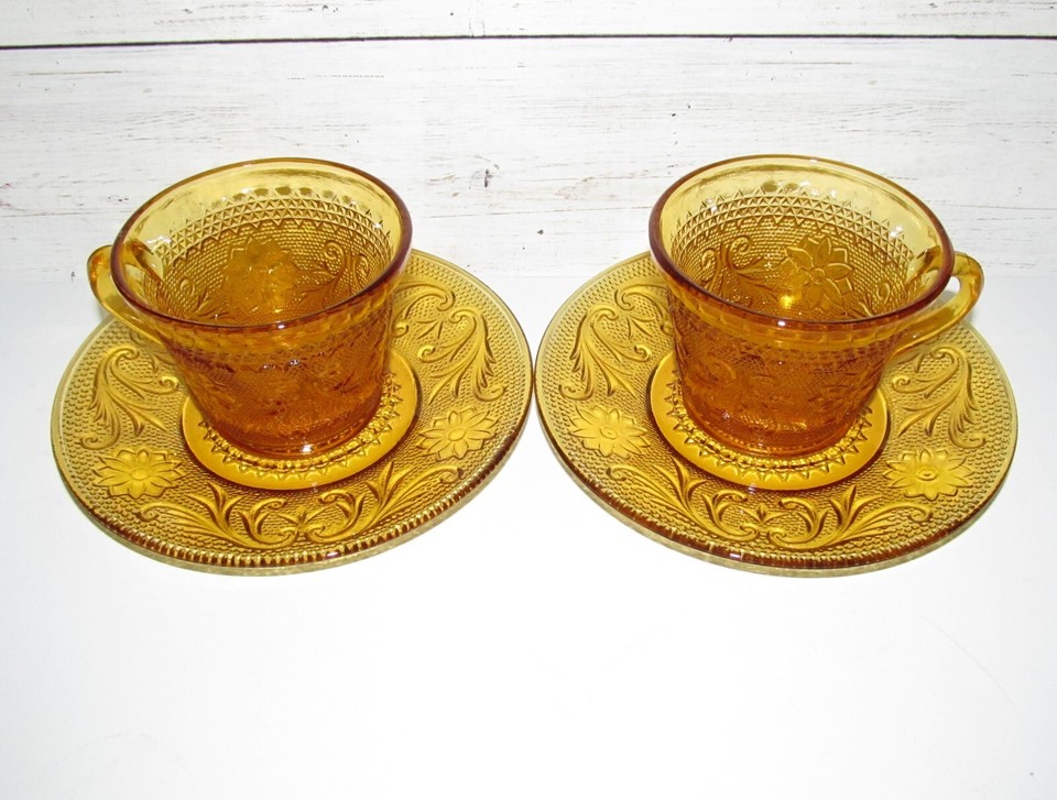 2 Indiana Glass Tiara Gold Amber Sandwich Tea Cups & Saucers Coffee ...